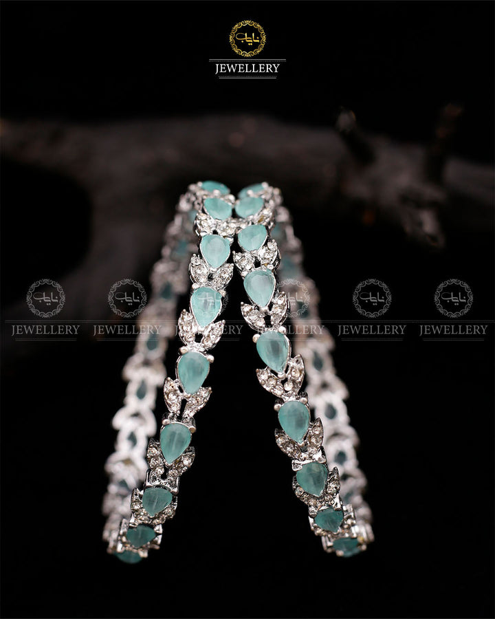 Zirconia Almond Bangles (pair)-2597-Silver Mint